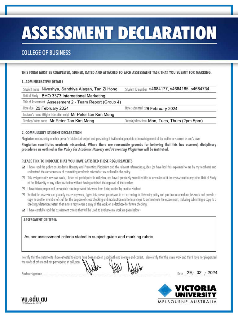 Student Assessment Declaration | PDF | Business