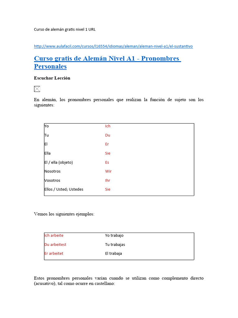 Pronombres y Vocabulario Alemán A1 | PDF