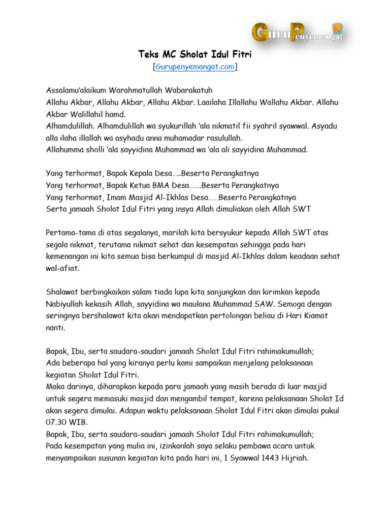 Teks MC Sholat Idul Fitri Pemula | PDF | Agama & Spiritualitas