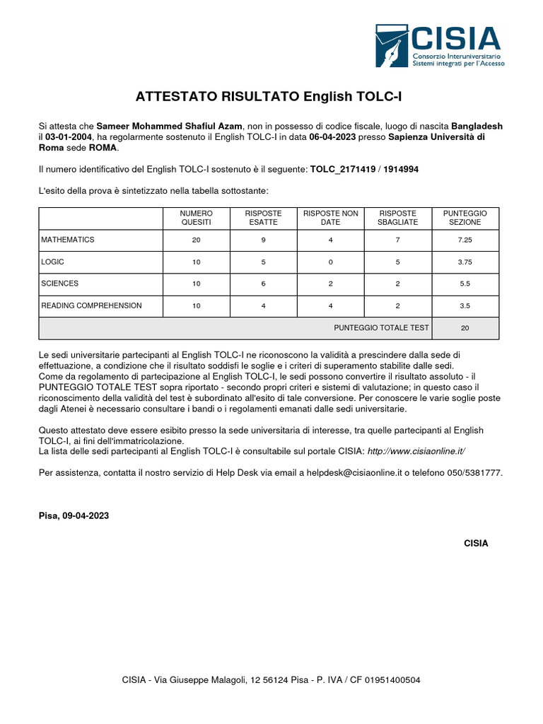 English Tolc-I Result | PDF