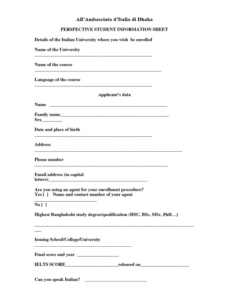 Student Info Sheet | PDF