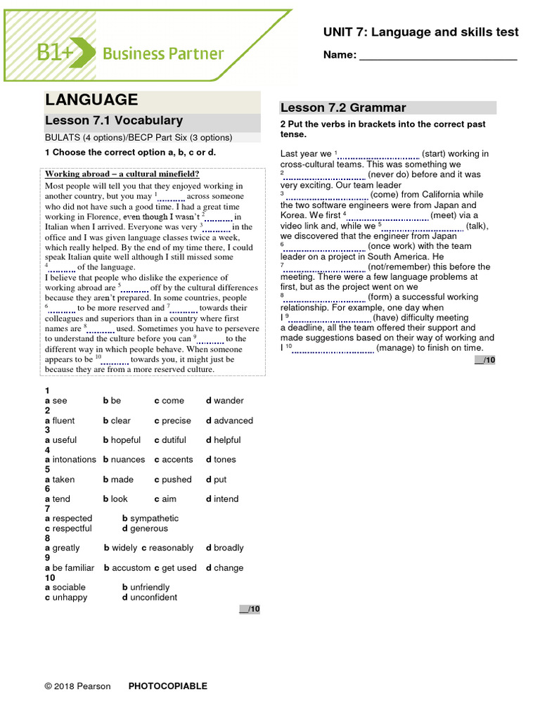 B1+ UNIT 7 - Test | PDF