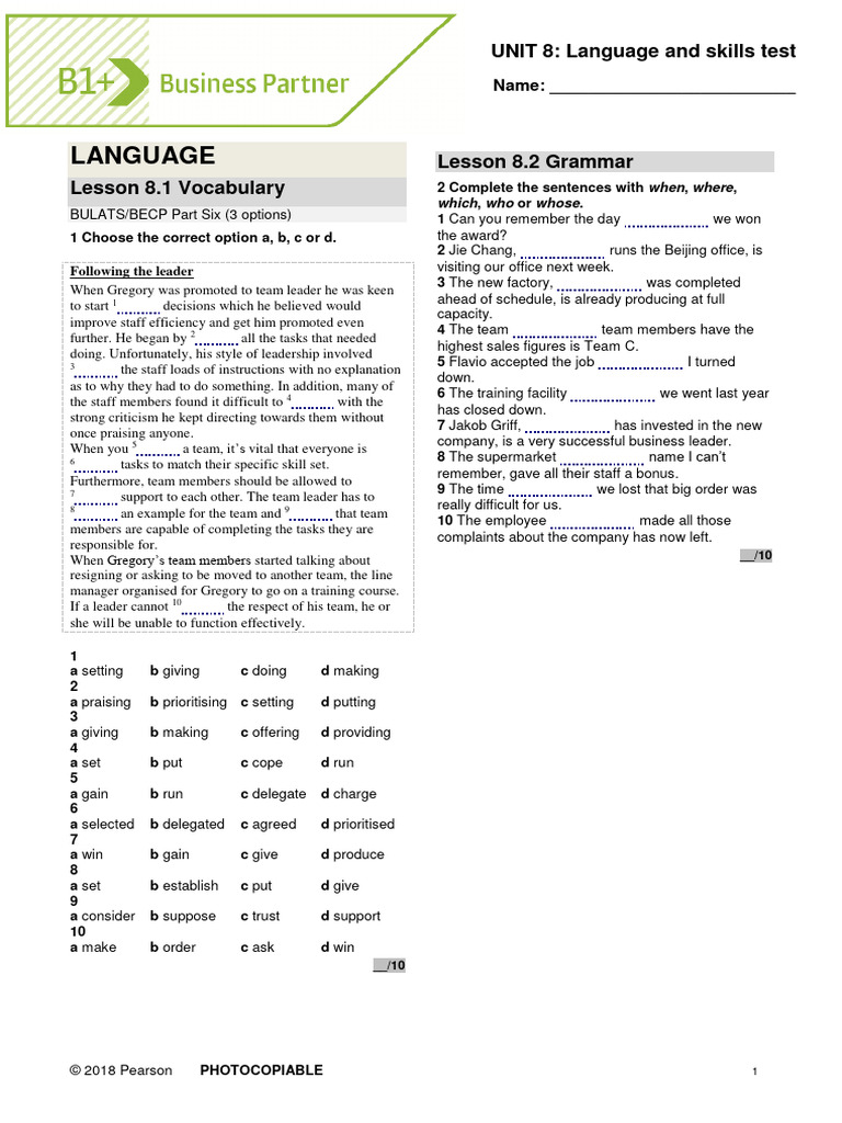 B1+ UNIT 8 - Test | PDF | Leadership | Cognitive Science