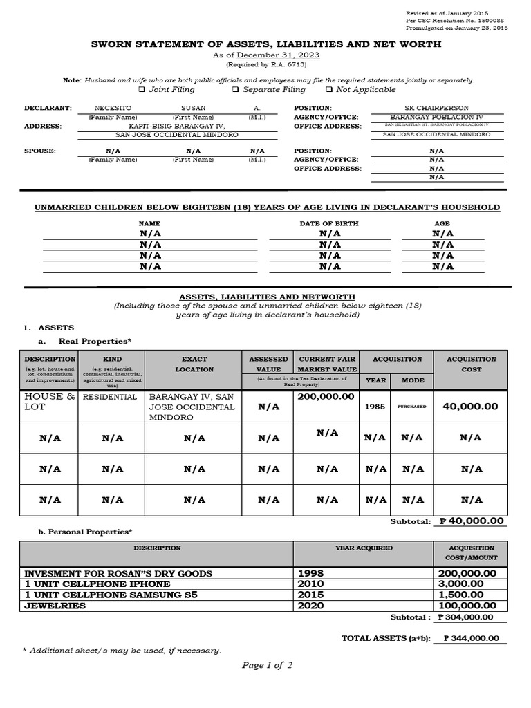 2015 SALN Form KAP. SUSAN A. NECESITO | PDF | Net Worth | Economies
