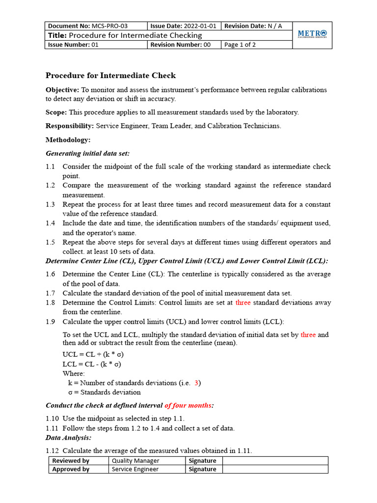MCS-PRO-03 (Procedure of Intermediate Check) - 2 | PDF | Calibration ...