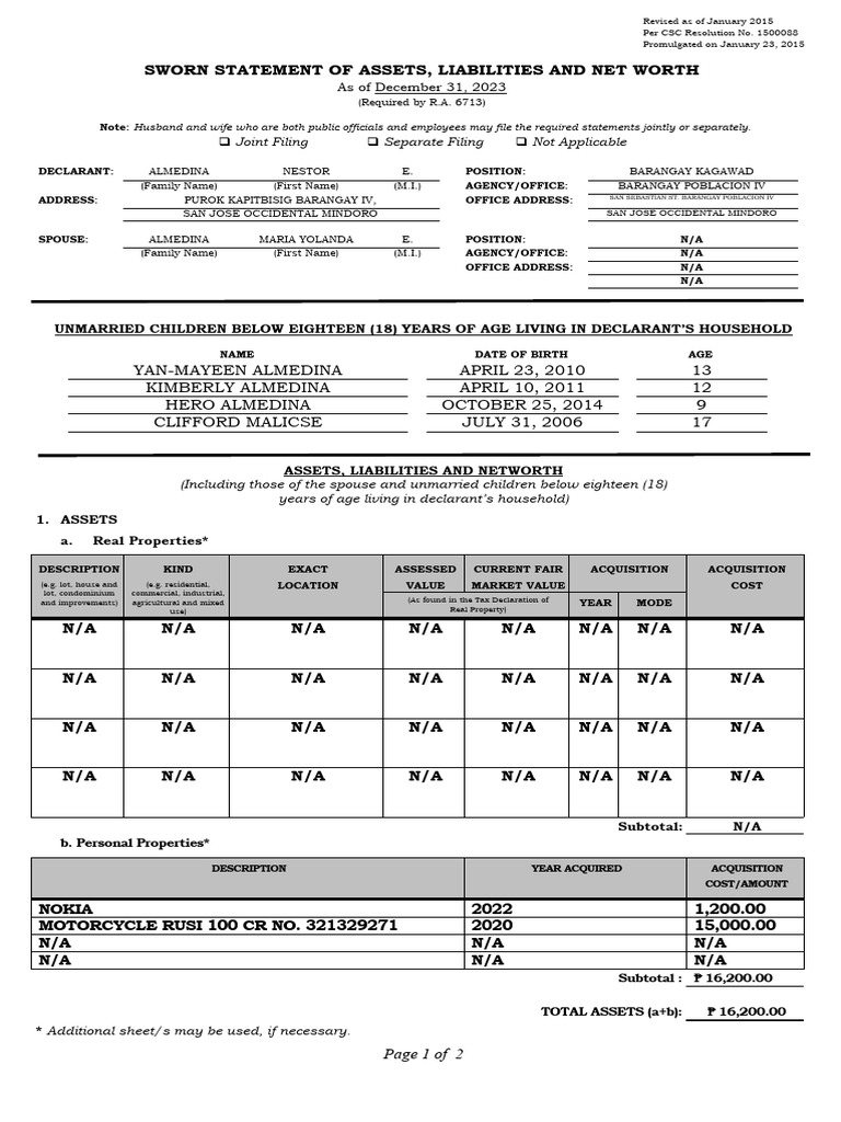 2015 SALN Form Kag. Almedina | PDF