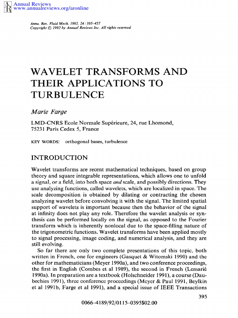 Wavelet Transforms AND Their Applications To Turbulence: Marie Farye | PDF