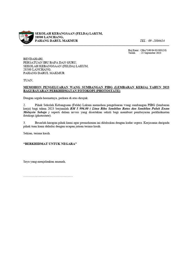 No.7 Surat Pengeluaran Duit PIBG | PDF