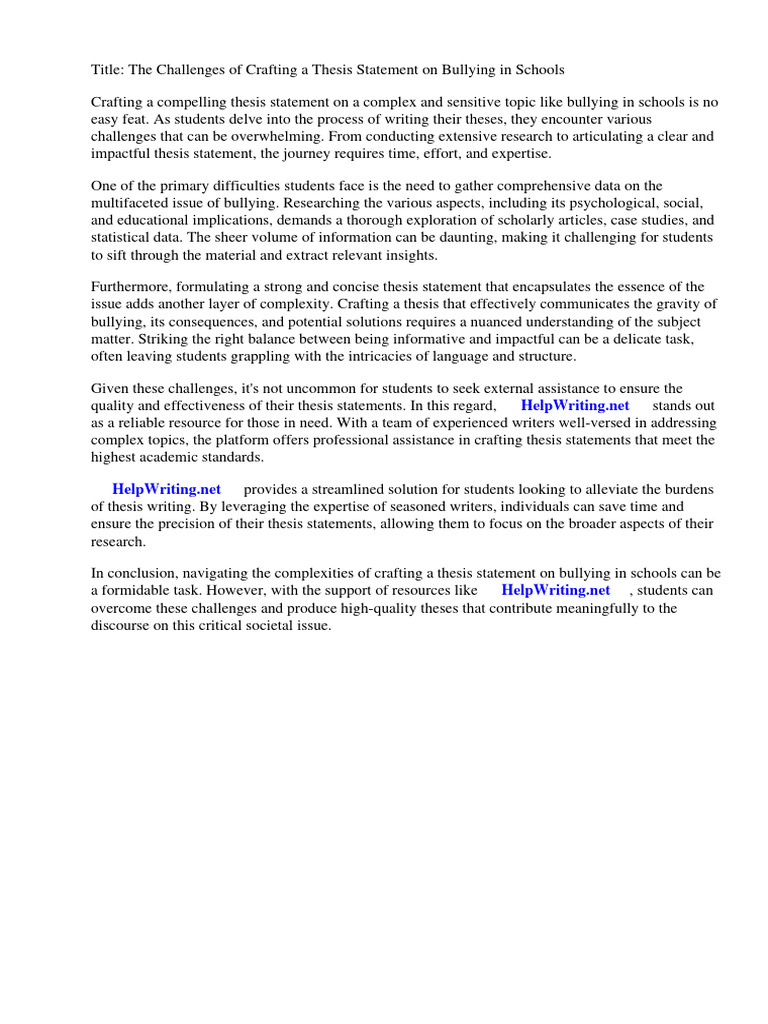 A Good Thesis Statement For Bullying in Schools | PDF | Bullying | Essays