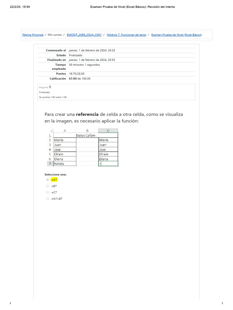 Examen Prueba de Nivel (Excel Básico) - Revisión Del Intento 1 | PDF | Microsoft Excel ...