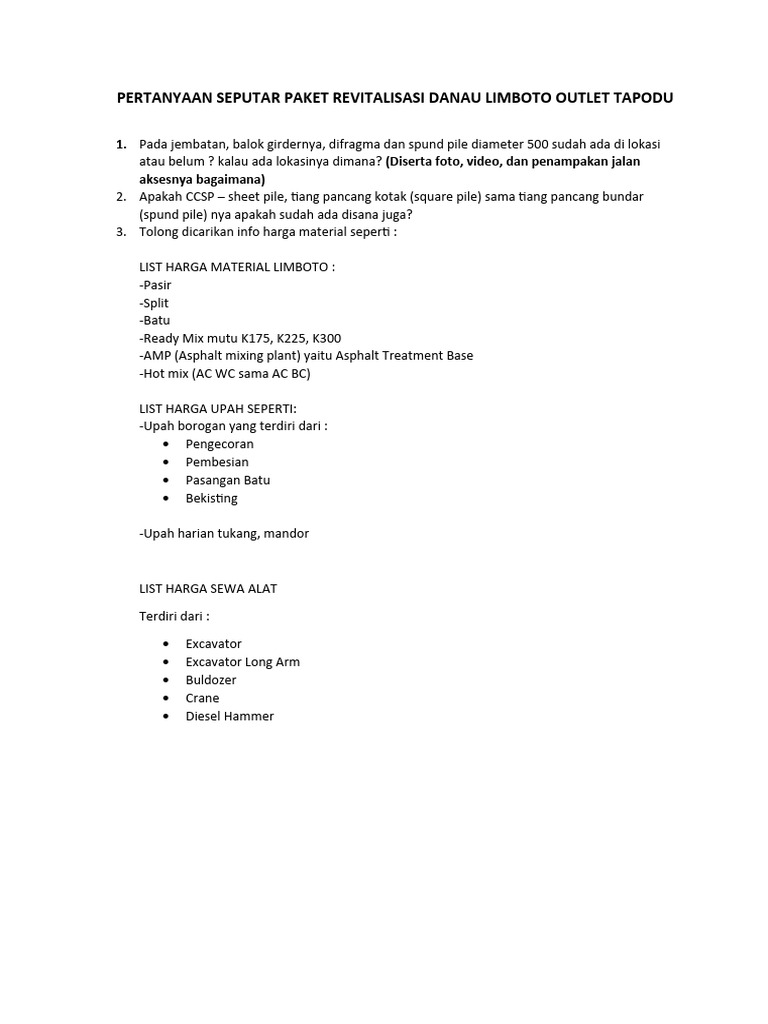 Pertanyaan Seputar Paket Revitalisasi Danau Limboto Outlet Tapodu | PDF ...