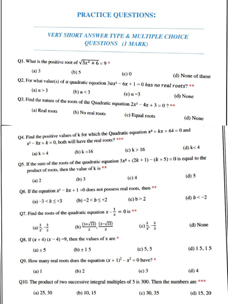 Quadratic equation- Practice Question | PDF