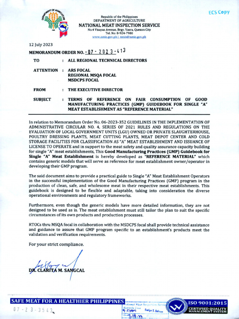 Memo Order No. 07-2023-413 - TOR On Fair Consumption of GMP Guidebook ...