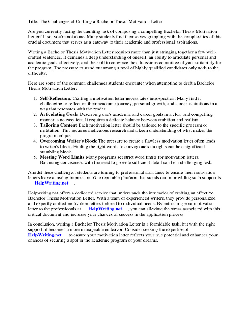 Bachelor Thesis Motivation Letter | PDF