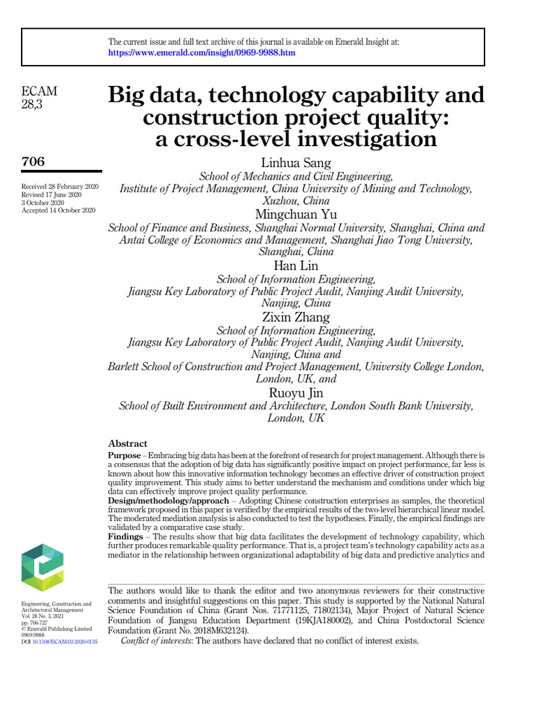 Big Data - Technology Capability and Construction Project Quality - A Cross-Level Investigation ...