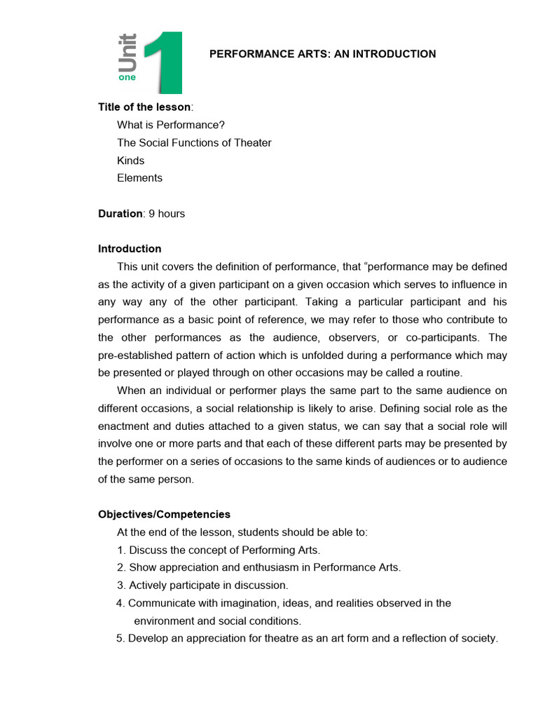 Unit 1 Module Introduction To Performing Arts | PDF
