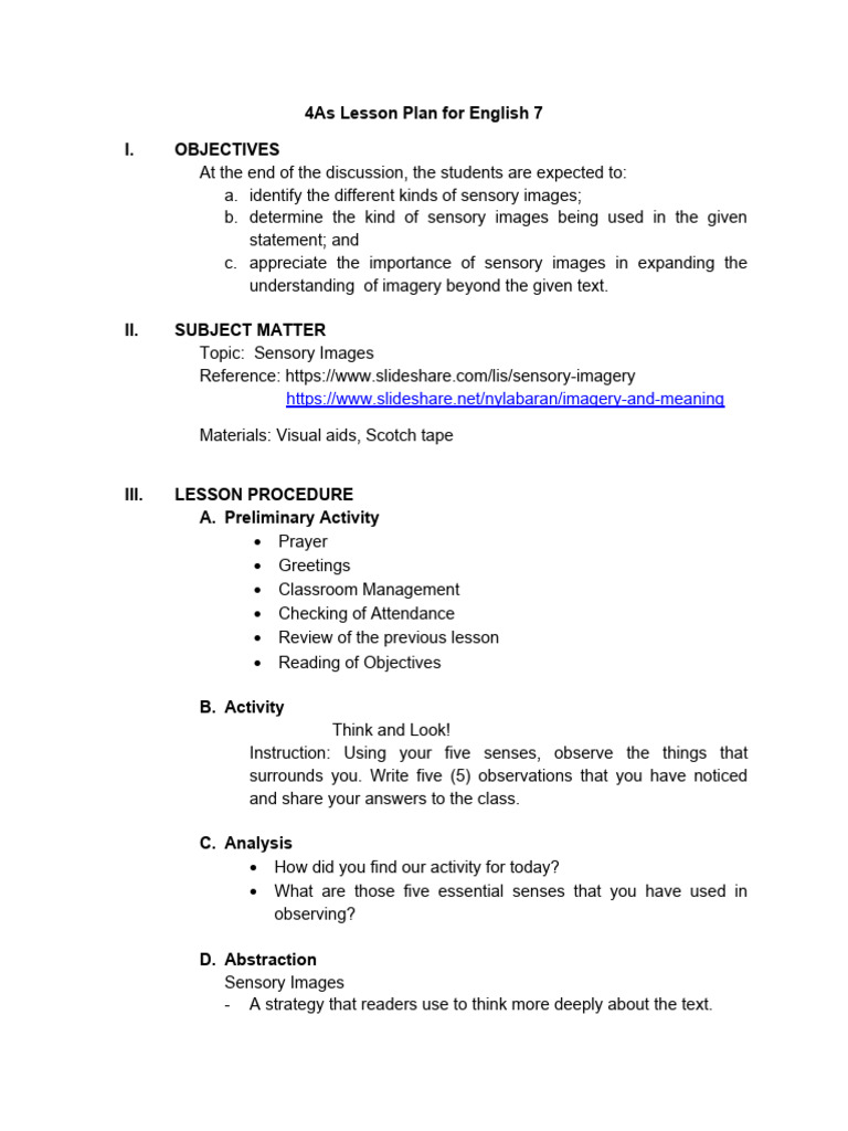 4as Lesson Plan For English 7 | PDF | Senses | Neuroscience