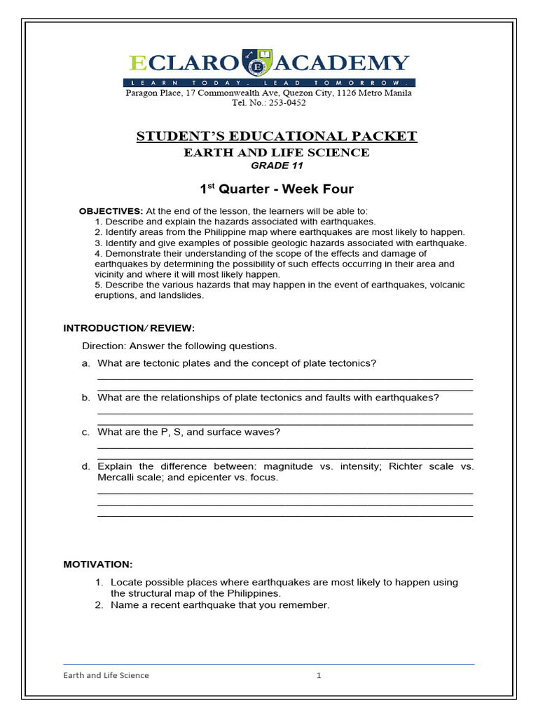 EALS Learning Packet Q1-12 | PDF | Earthquakes | Solid Mechanics