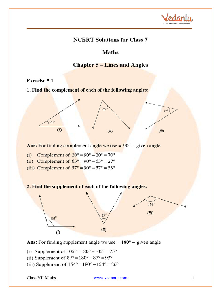 NCERT Solutions For Class 7 Maths Chapter 5 - Lines and Angles - . | PDF