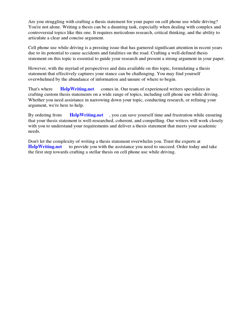 Thesis Statement For Cell Phone Use While Driving | PDF