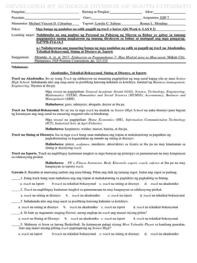 Esp7 Quarter 4 Week 6 Las 2 Pdf 