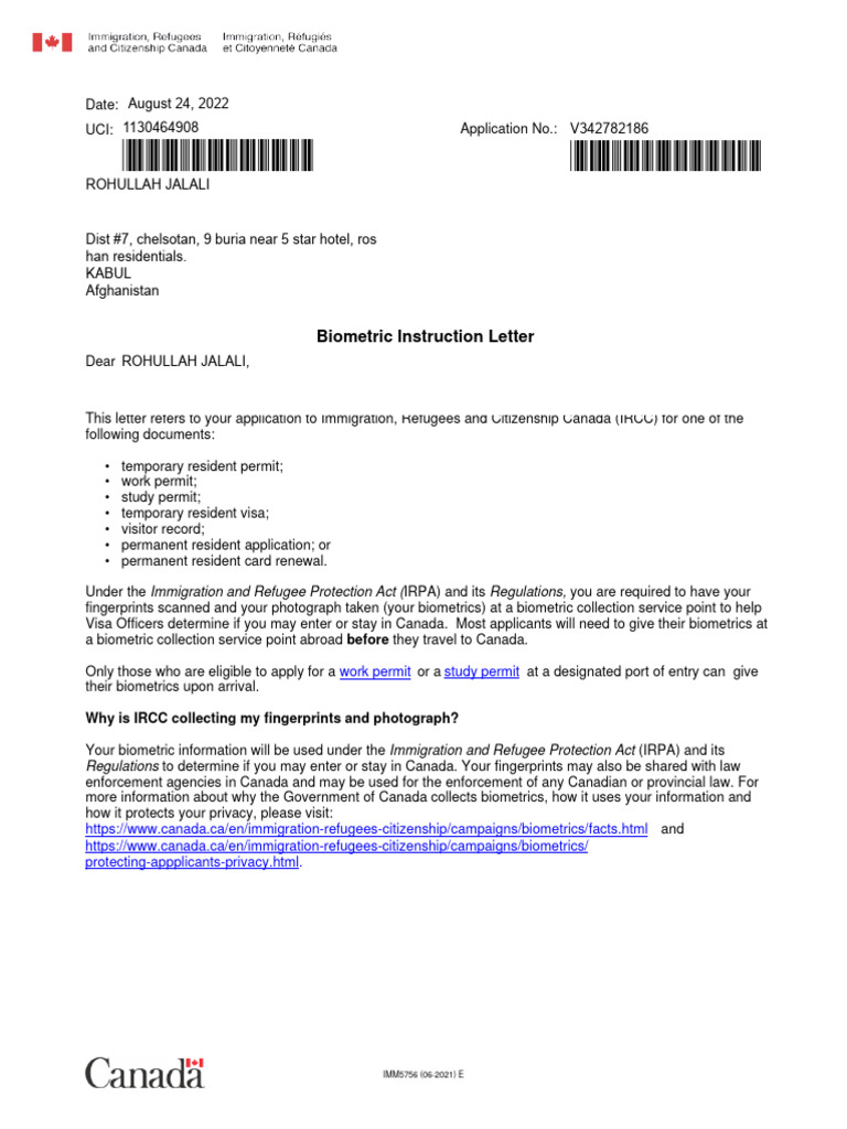 Biometric Instruction Letter: Study Permit Work Permit | PDF ...