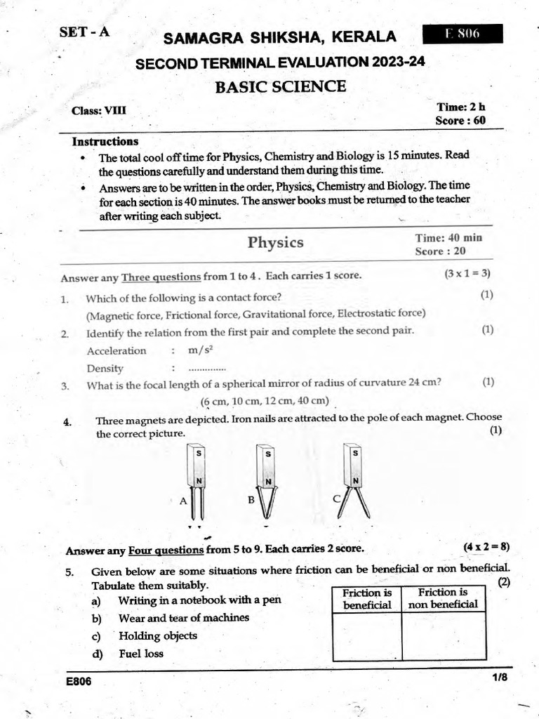 Kerala Class 8 Second Term Exam 2023- Basic Science EM | PDF