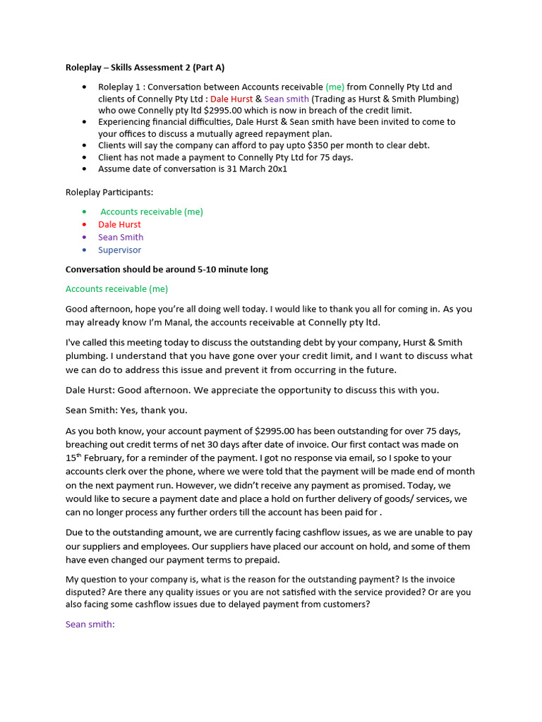 FNSACC411 & 412 Roleplay Assessment | PDF | Debt | Private Law