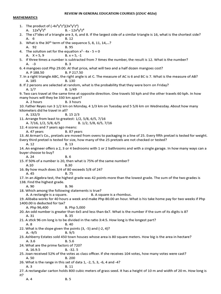 Review in Gen Ed MATH 100 Questions | Download Free PDF | Rectangle ...