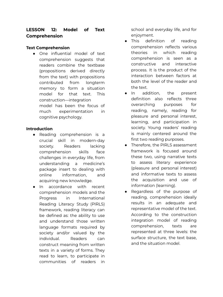 LESSON 12 Model of Text Comprehension | PDF