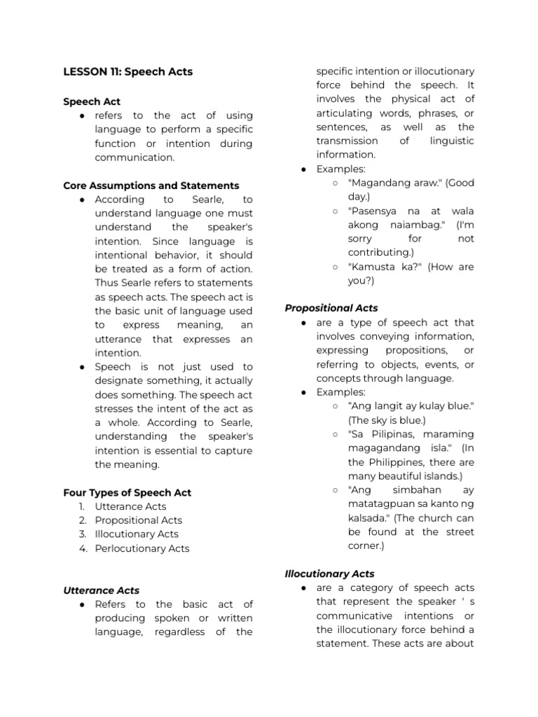 LESSON 11 Speech Acts | PDF | Linguistics | Human Communication