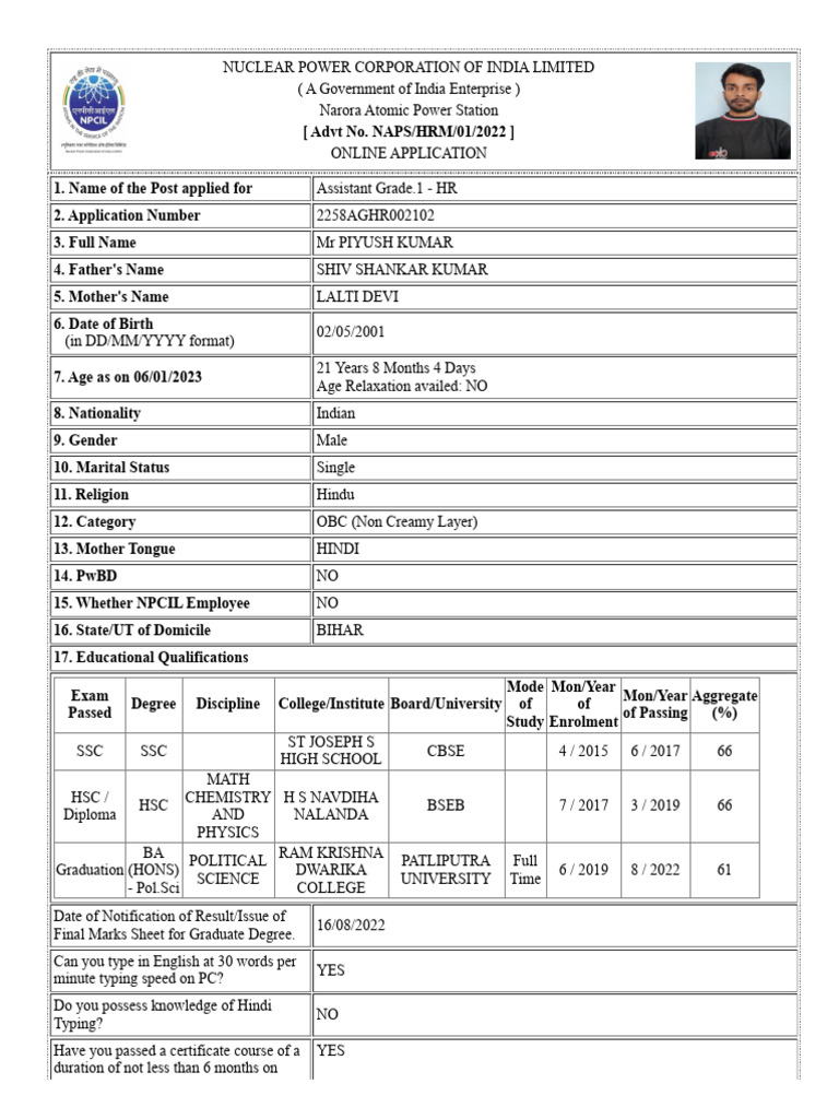 Piyush Npcil - Print Application Form | PDF