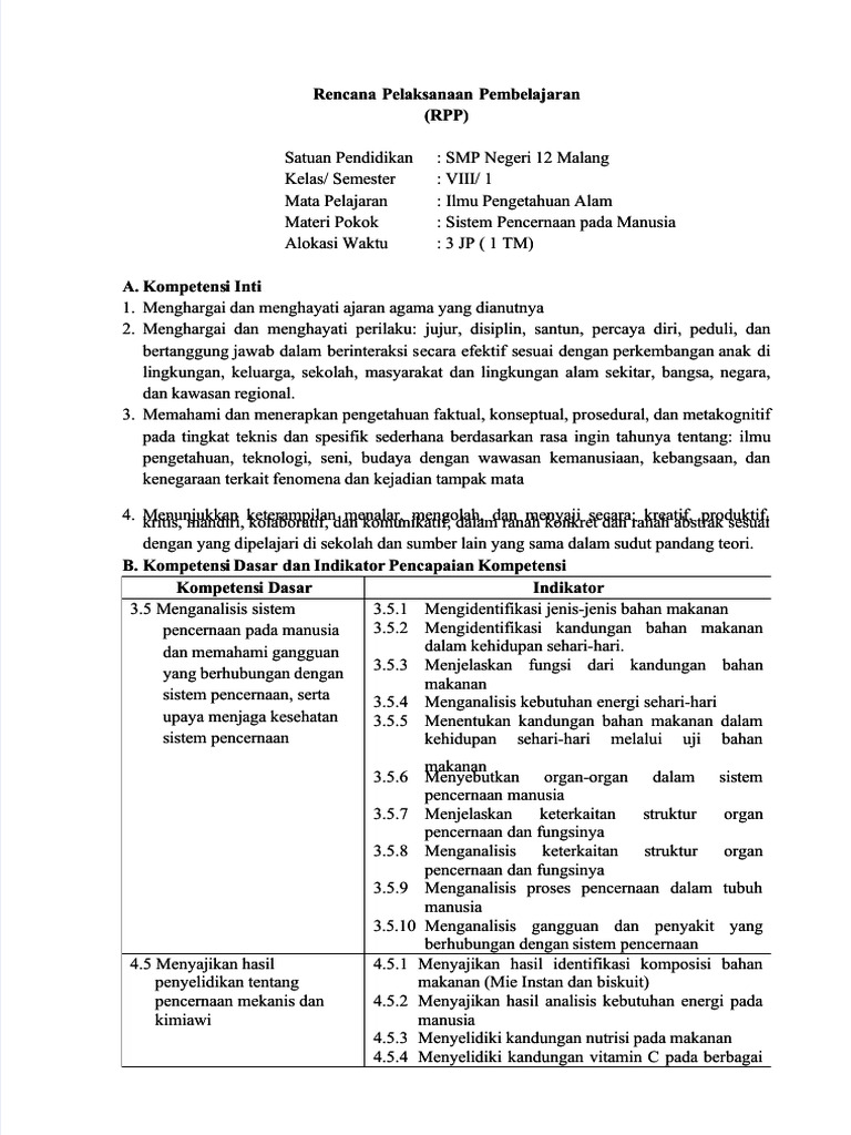 RPP Sistem Pencernaan Manusia SMP VIII | PDF