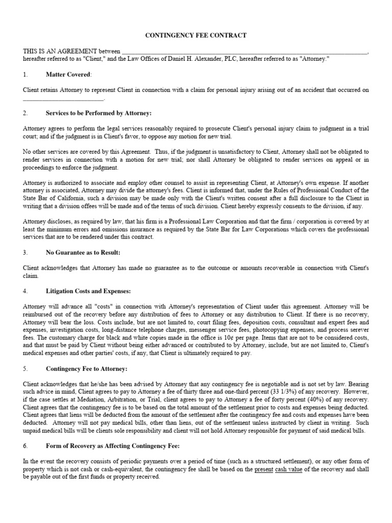 Attorney Contingency Fee Agreement Form | PDF | Lawyer | Attorney's Fee