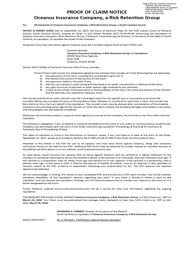 Oceanus Insurance Claim Notice | PDF | Insurance | Liquidation