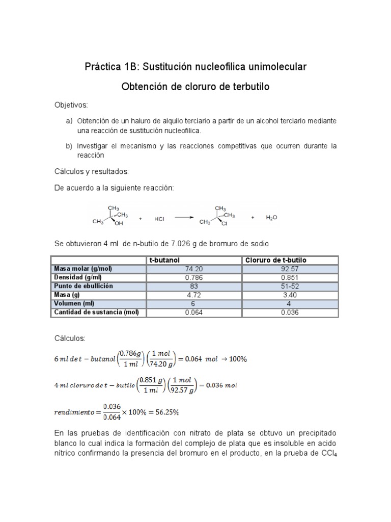 Practica 1 Cloruro de Terbutilo | PDF | Cloro | Alcohol