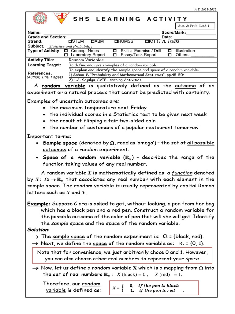 LAS 1a Random Variables | PDF | Random Variable | Experiment