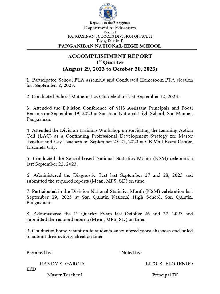 Accomplishment Report SY 2023 2024 | PDF