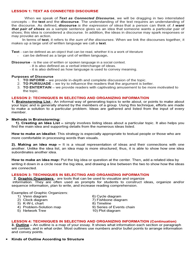 Reading and Writing Lesson 1 9 Reviewer | PDF | Idea | Discourse