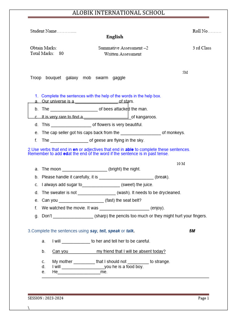 3rd Class English Assessment Worksheet | PDF