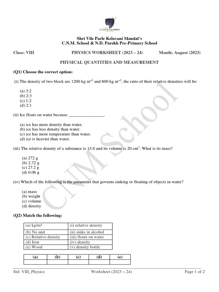 Class VIII Physics Worksheet on Density | PDF | Density | Buoyancy