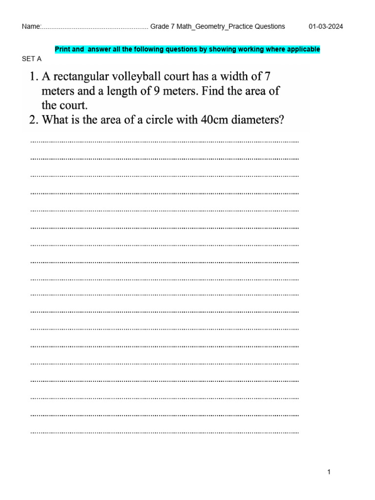 Grade 7 Geometry Practice Questions | PDF