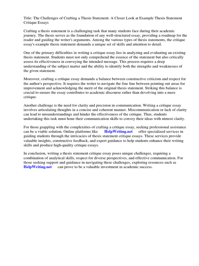 Example Thesis Statement Critique Essay | PDF | Essays | Thesis