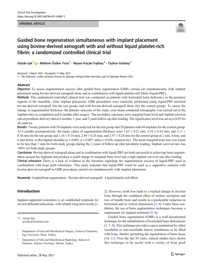 Guided Bone Regeneration Simultaneous With Implant Placement Using Bovine-Derived | PDF | Dental ...
