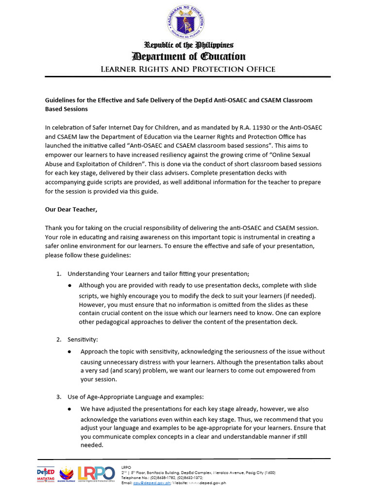 Session Guidelines Anti OSAEC and CSAEM Classroom Session | PDF
