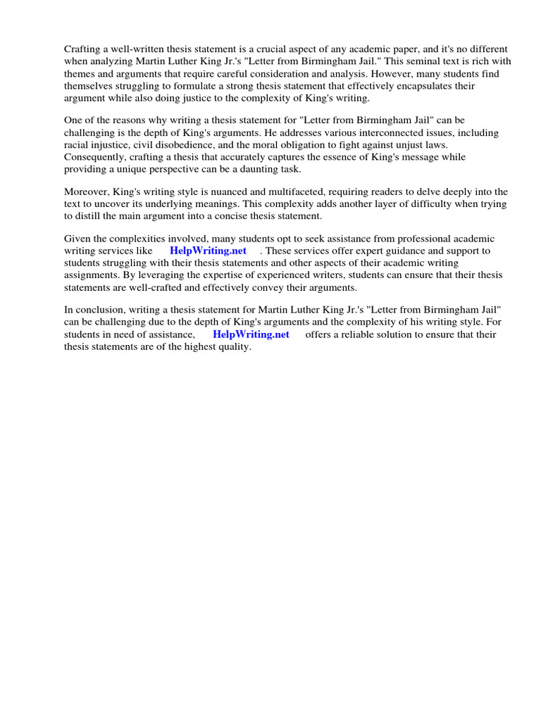What is a Good Thesis Statement for Letter From Birmingham Jail | PDF
