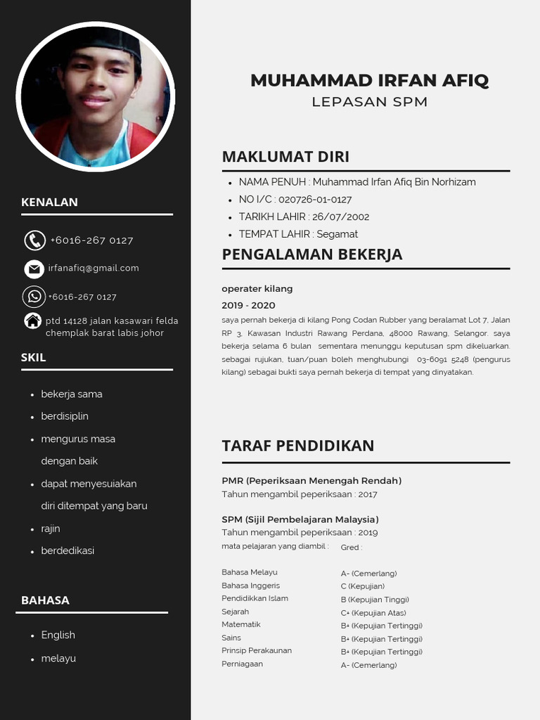 Resume Lepasan SPM Muhammad Irfan | PDF