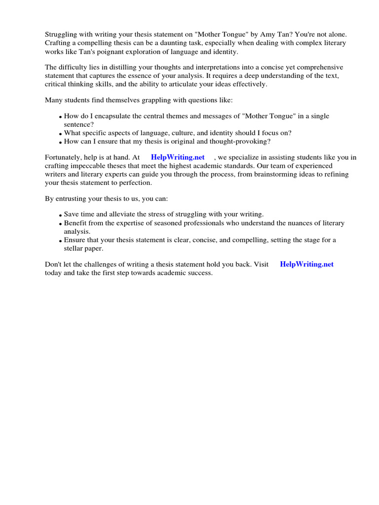 Thesis Statement Mother Tongue Amy Tan | PDF