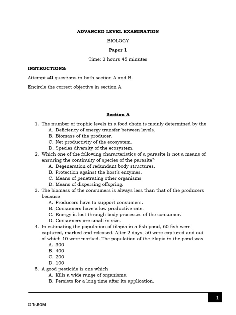 S.5 Bio Paper 1-Set 1 | PDF | Wellness | Science & Mathematics