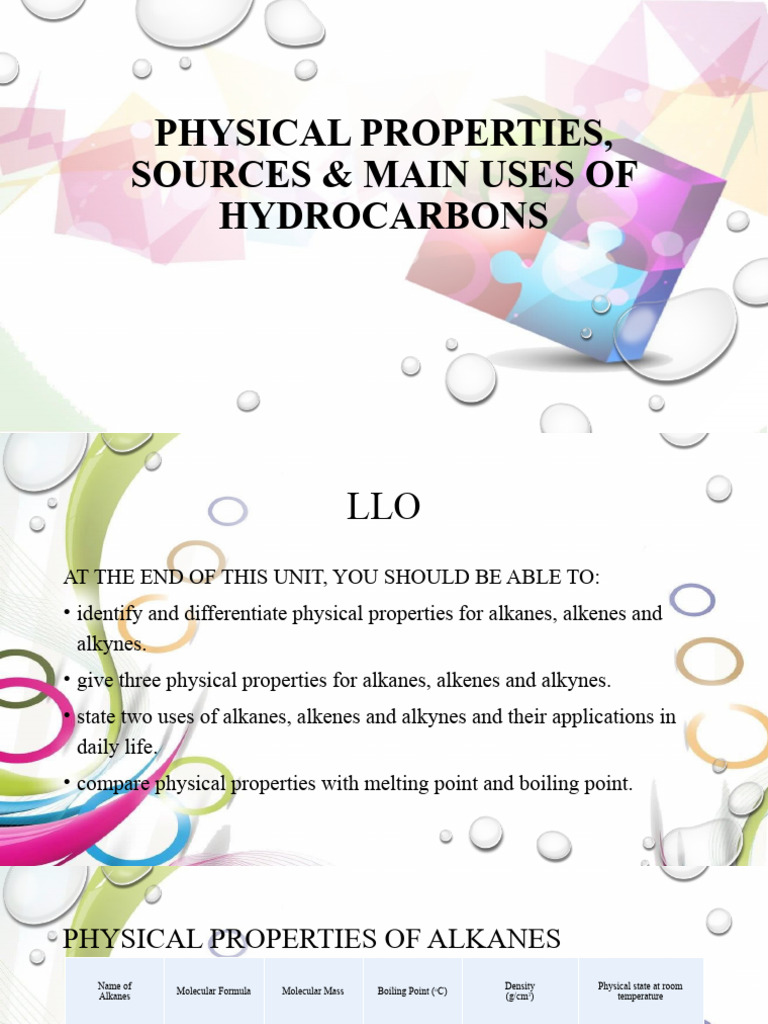 Physical Properties, Sources Main Uses of | PDF | Alkane | Hydrocarbons